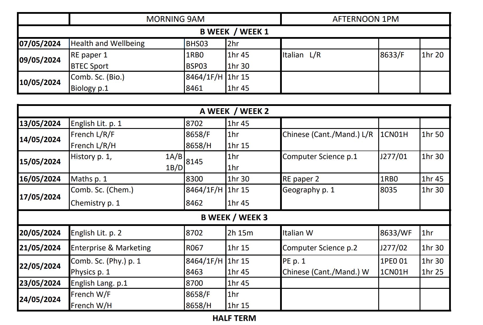 Exam Timetables - Trinity High
