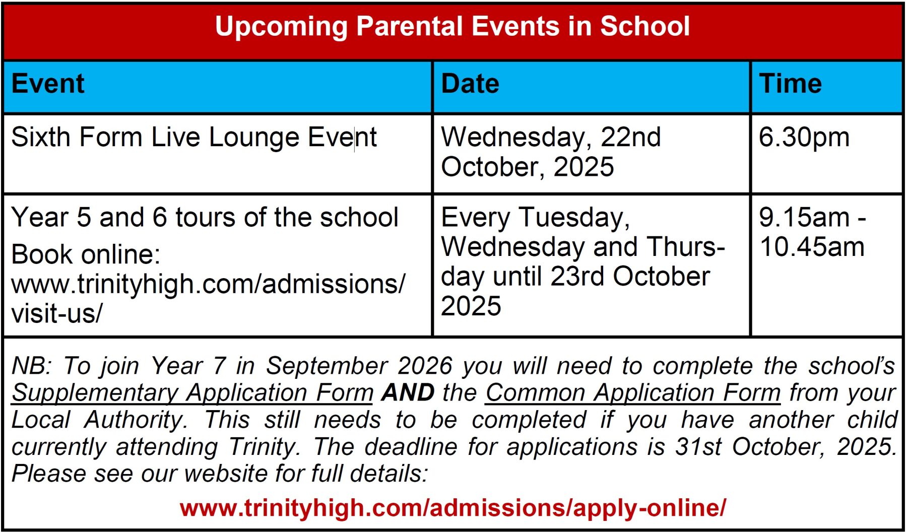 Upcoming Parental Events in School - Trinity High